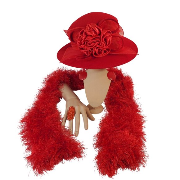Accessories | Womens Red Bowler Derby Hat W Flower Red Clipon Earrings ...